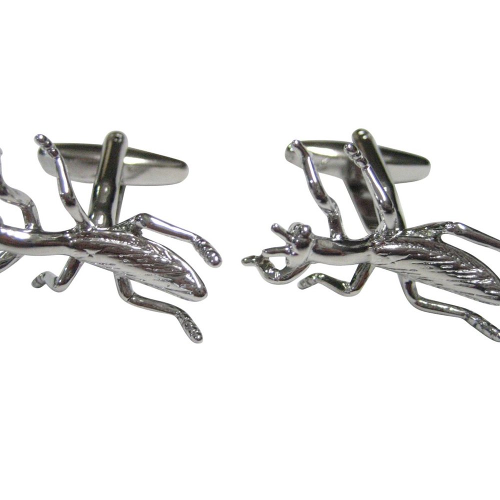 Silver Toned Praying Mantis Bug Insect Cufflinks - Gem